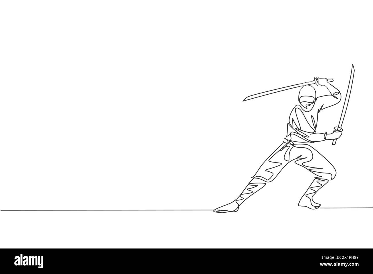 One continuous line drawing of young brave Japanese ninja character on ...