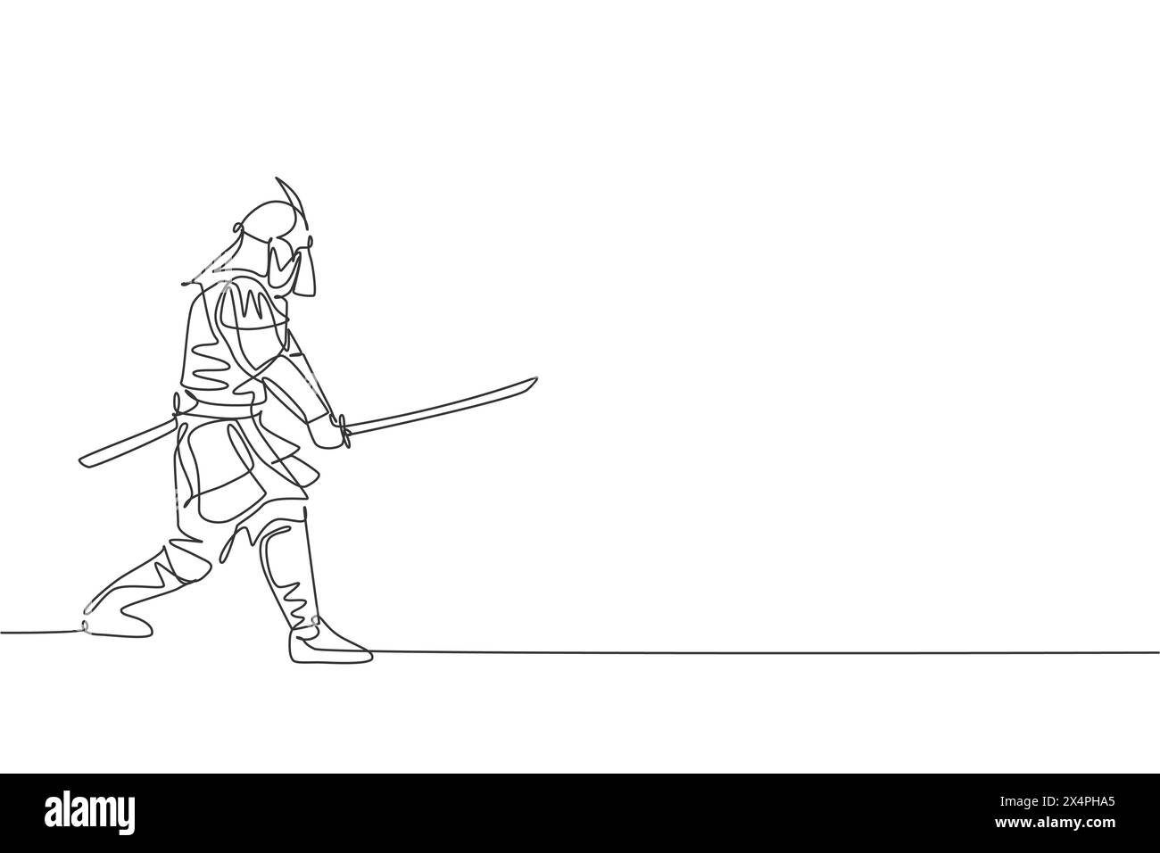 One single line drawing of young Japanese samurai warrior holding ...