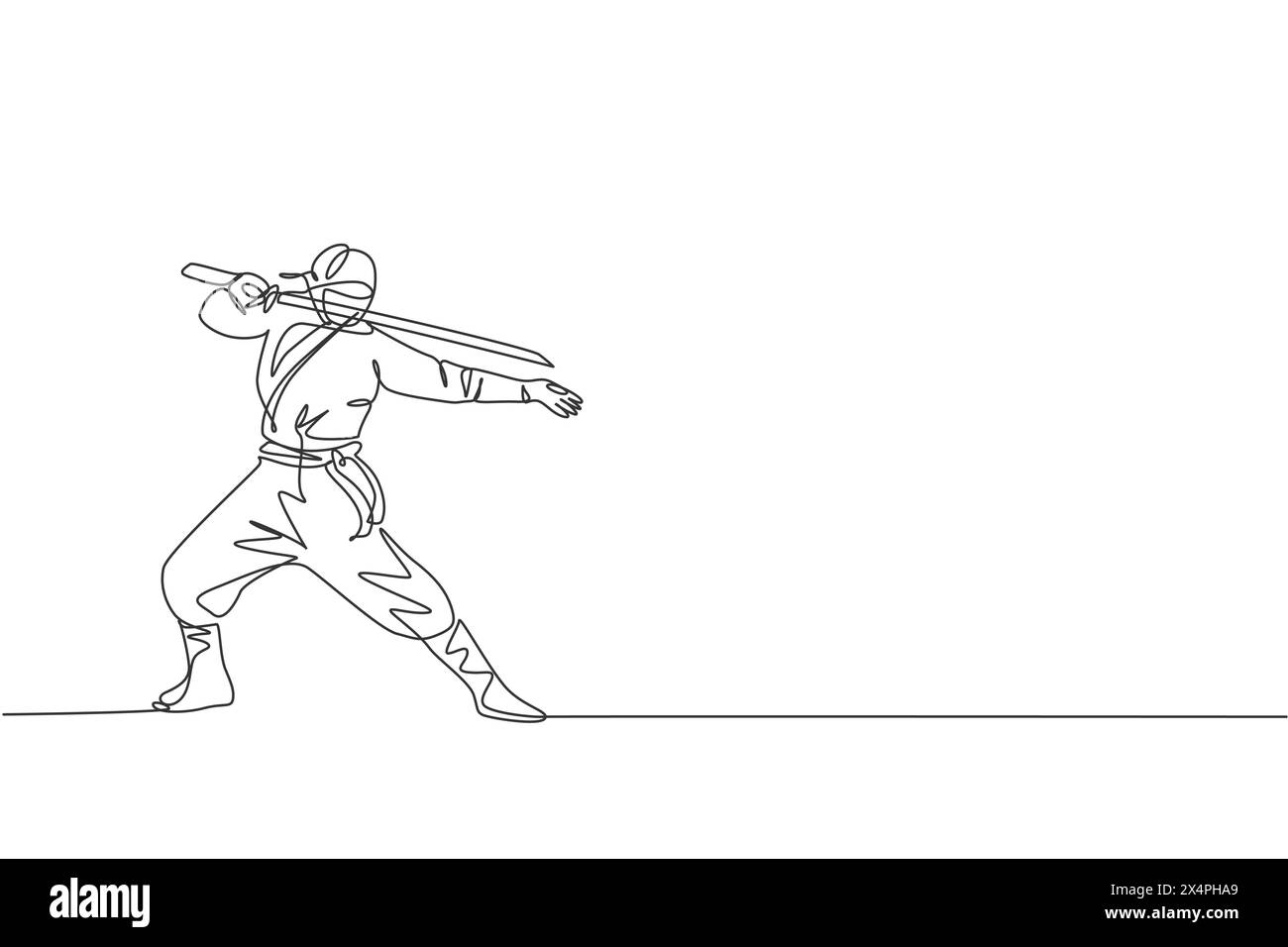 Single continuous line drawing of young Japanese culture ninja warrior ...