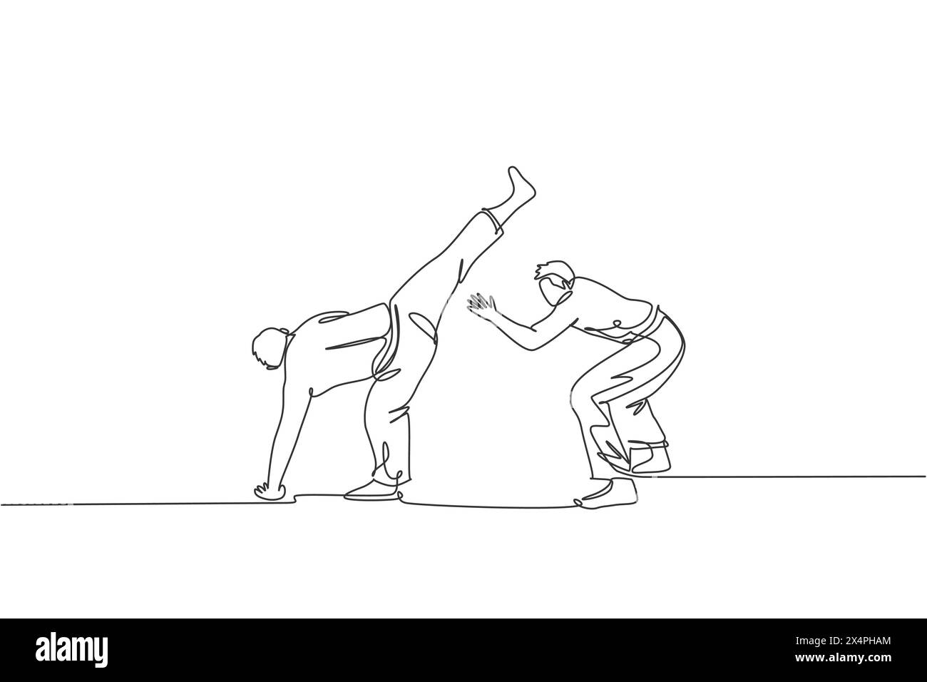 One continuous line drawing of two young sporty Brazilian fighter men ...