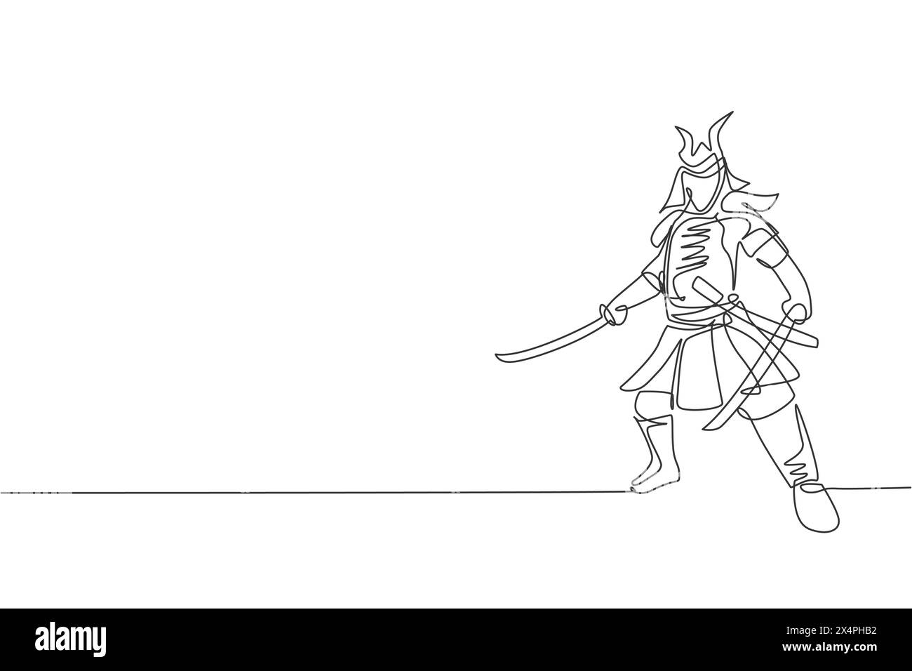 Single continuous line drawing of young strong samurai shogun wearing ...