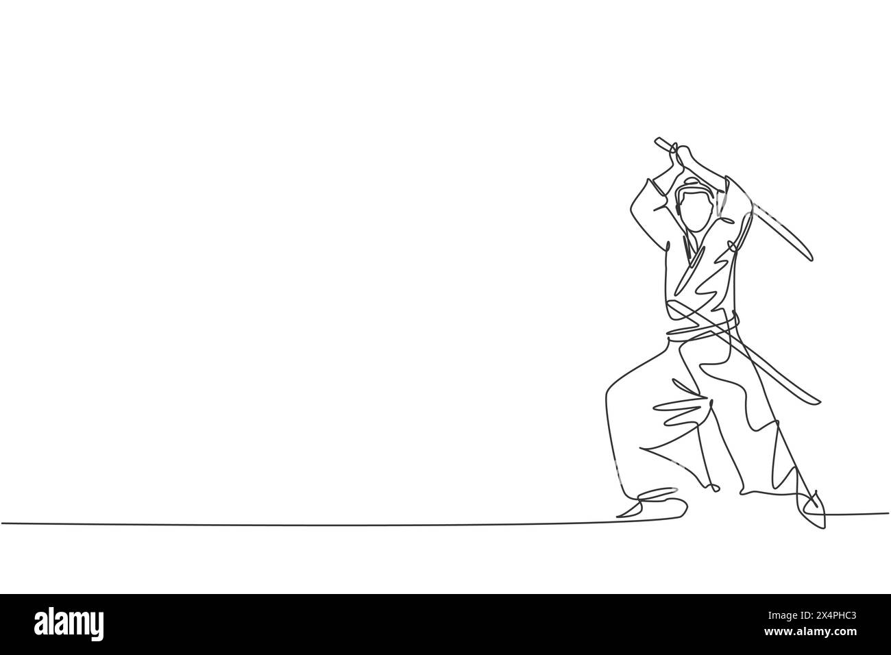 One single line drawing of young Japanese samurai warrior holding ...