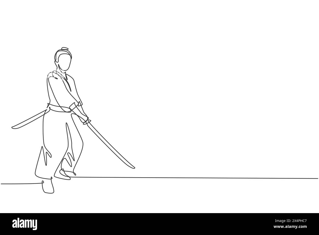 Single continuous line drawing of young strong samurai warrior wearing ...