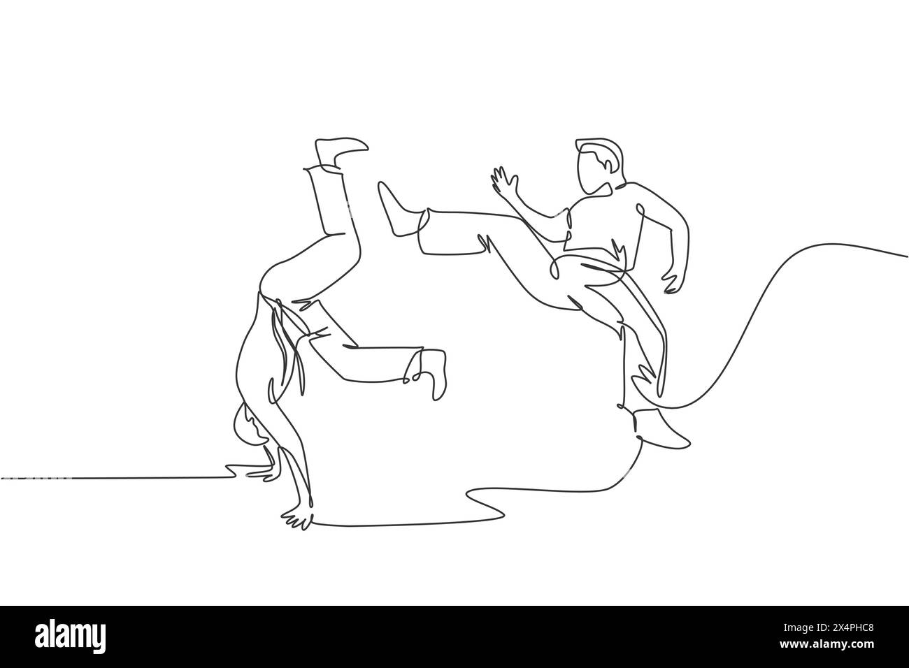 One continuous line drawing of two young sporty Brazilian fighter men ...