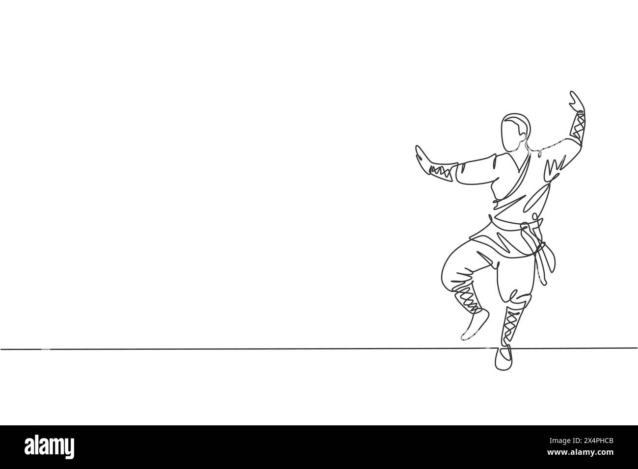 One single line drawing young energetic shaolin monk man exercise kung ...
