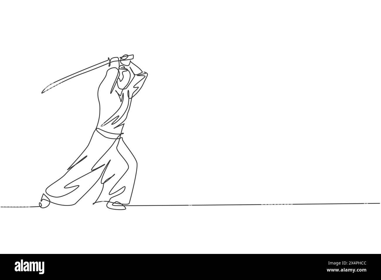 One continuous line drawing of young bravery samurai warrior pose ready ...