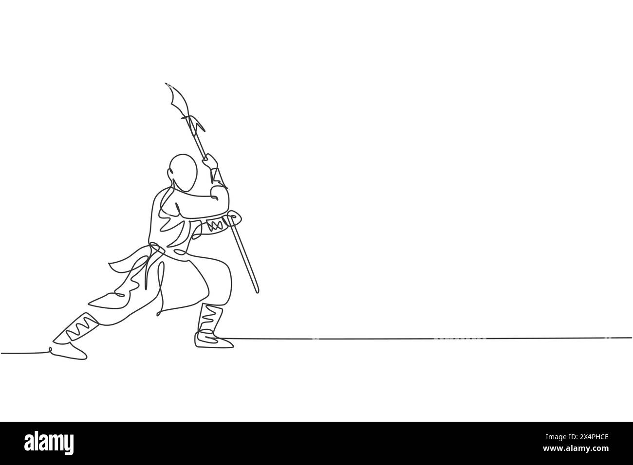 One single line drawing of young energetic shaolin monk man exercise ...