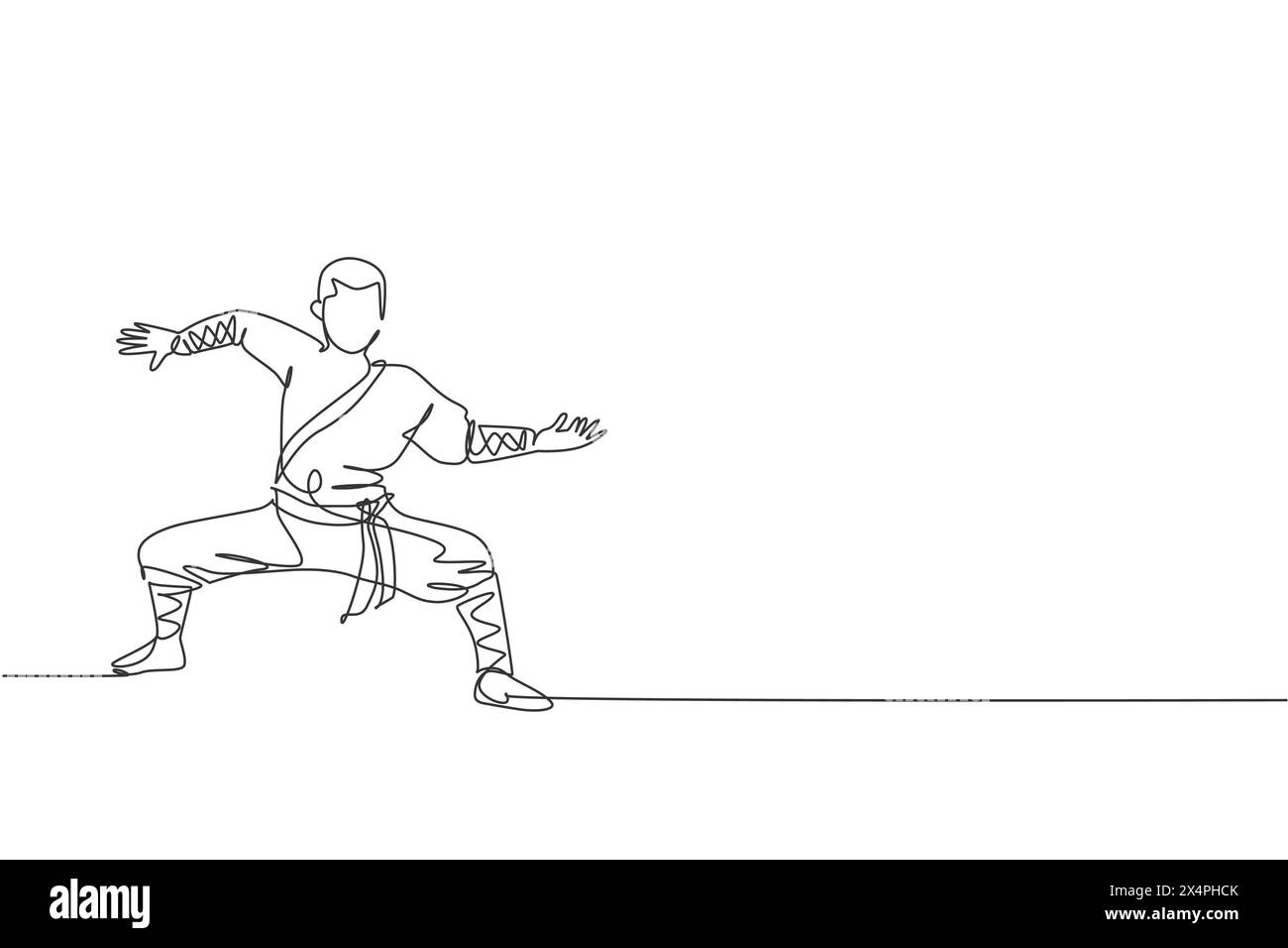 One continuous line drawing of young shaolin monk man practice kung fu ...