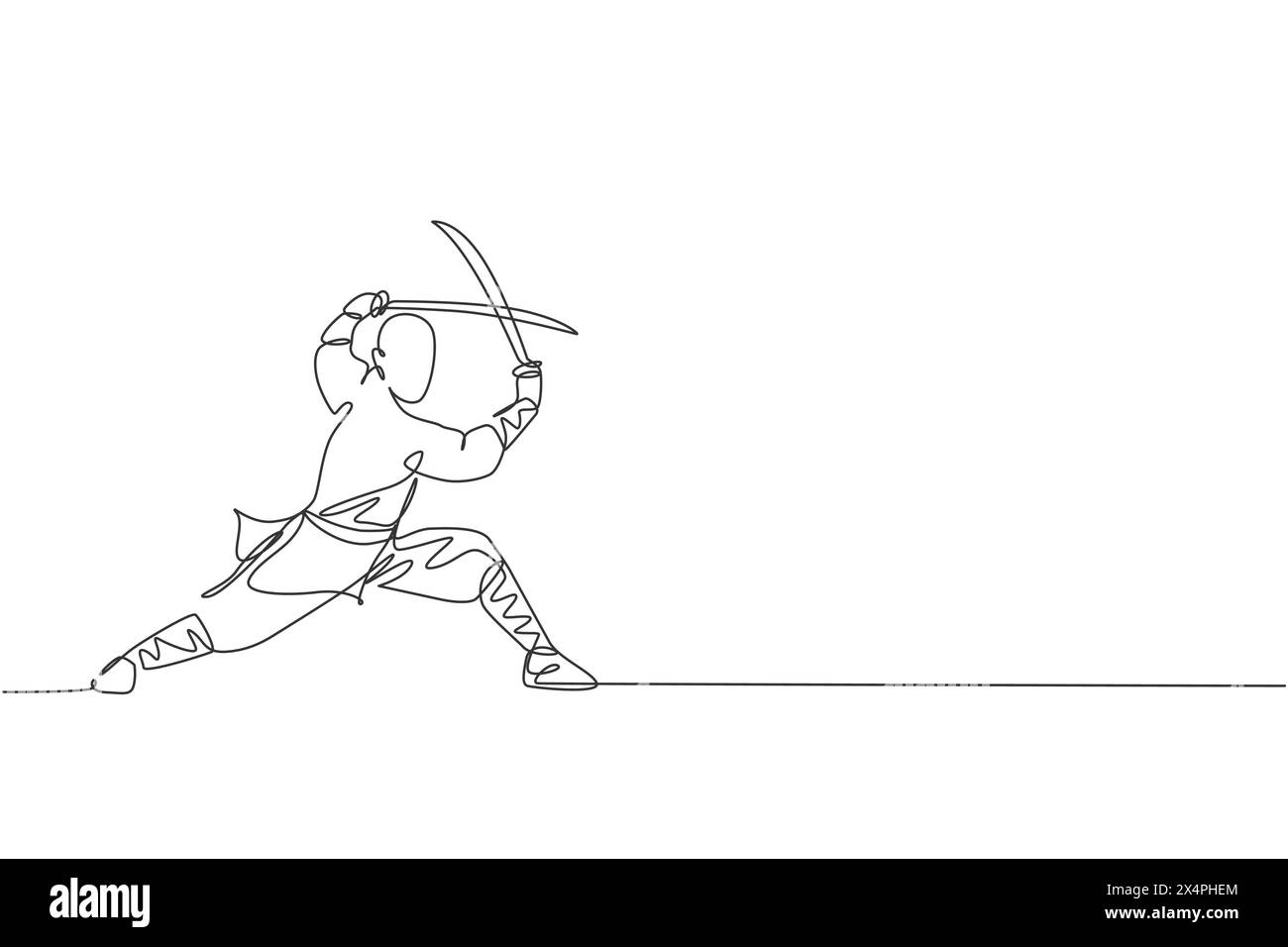 Single continuous line drawing of young muscular shaolin monk man ...
