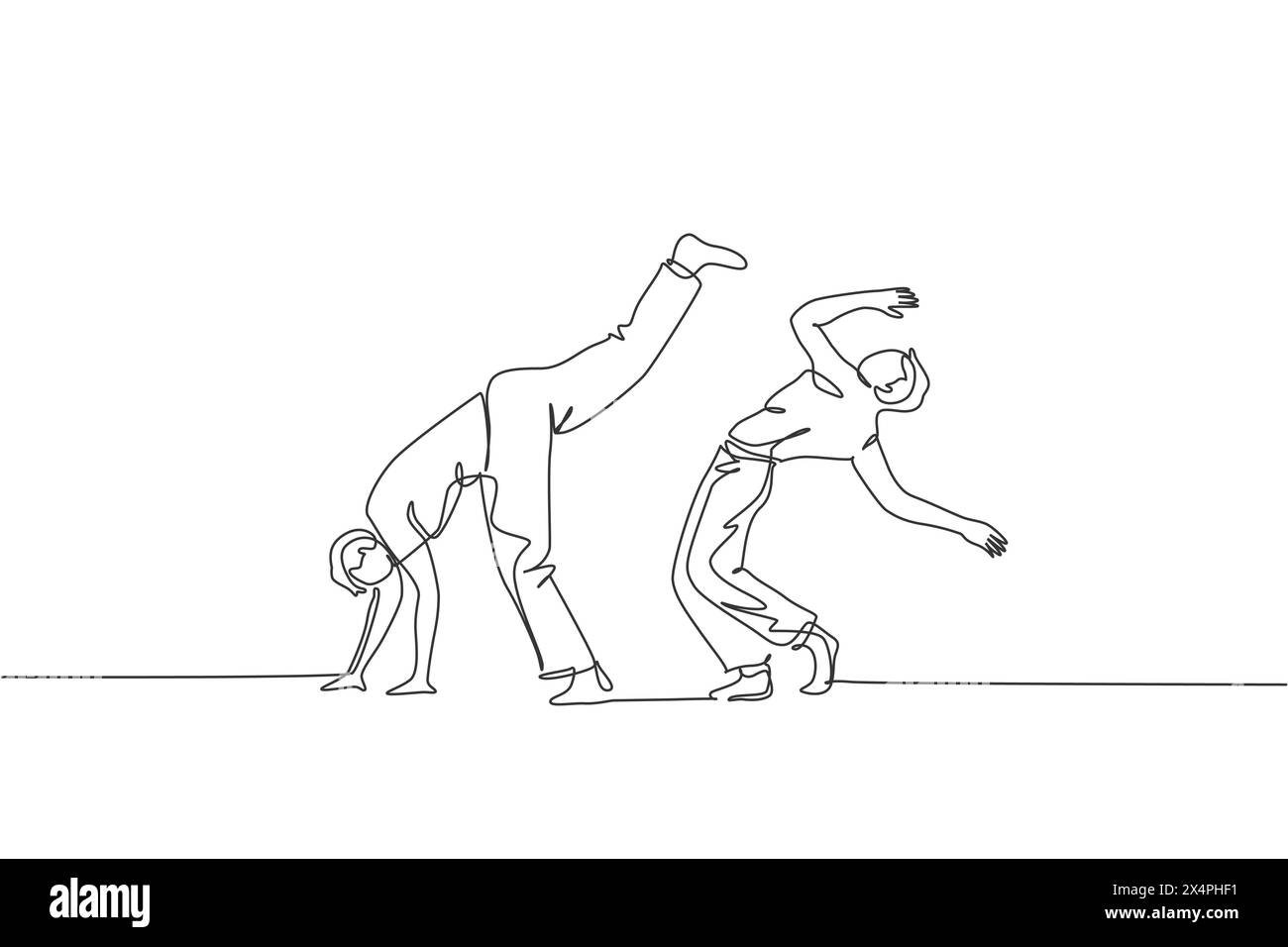 One single line drawing of two young energetic man capoeira dancers perform dancing fight vector ...