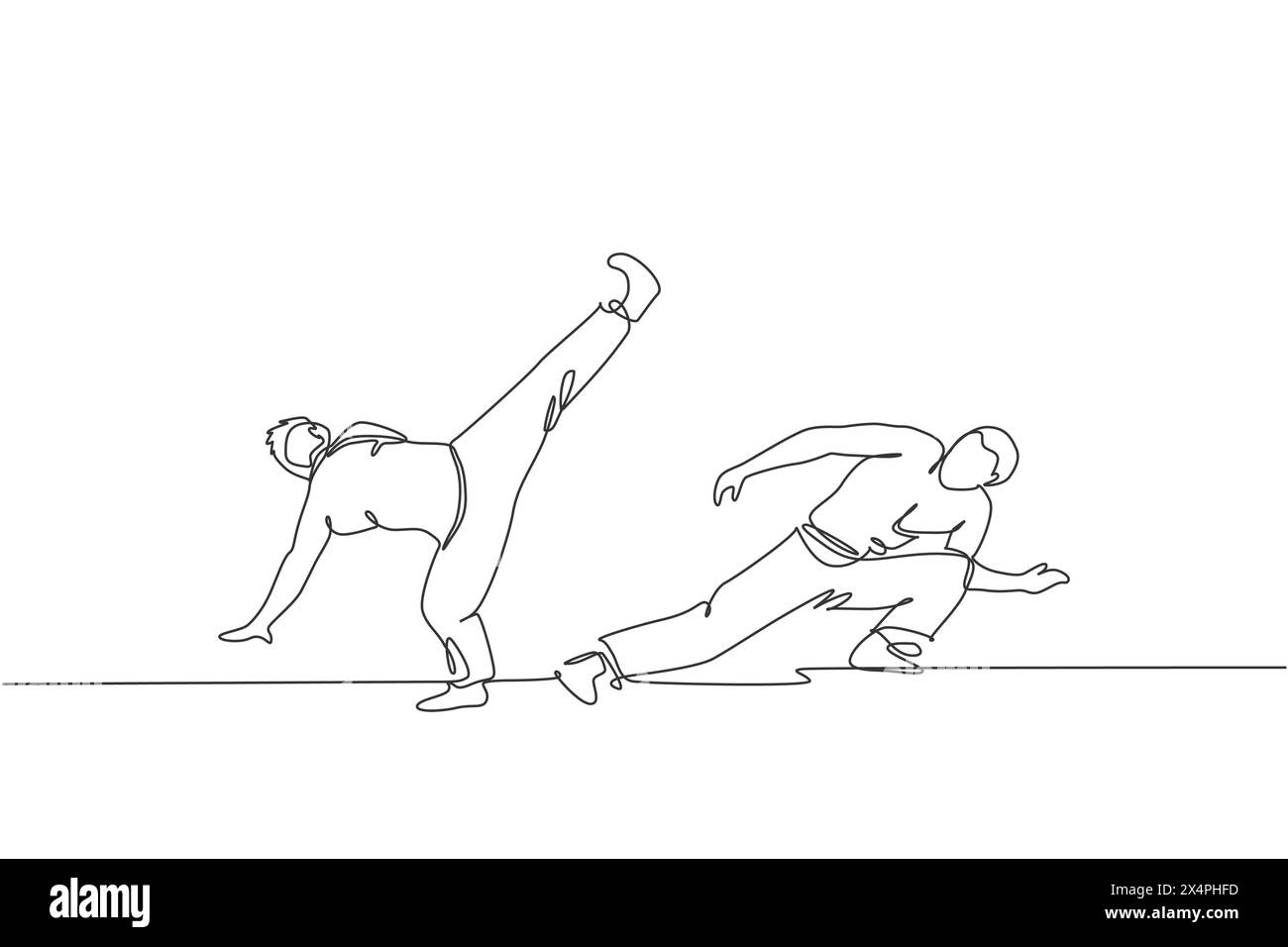 One continuous line drawing of two young sporty Brazilian fighter men ...