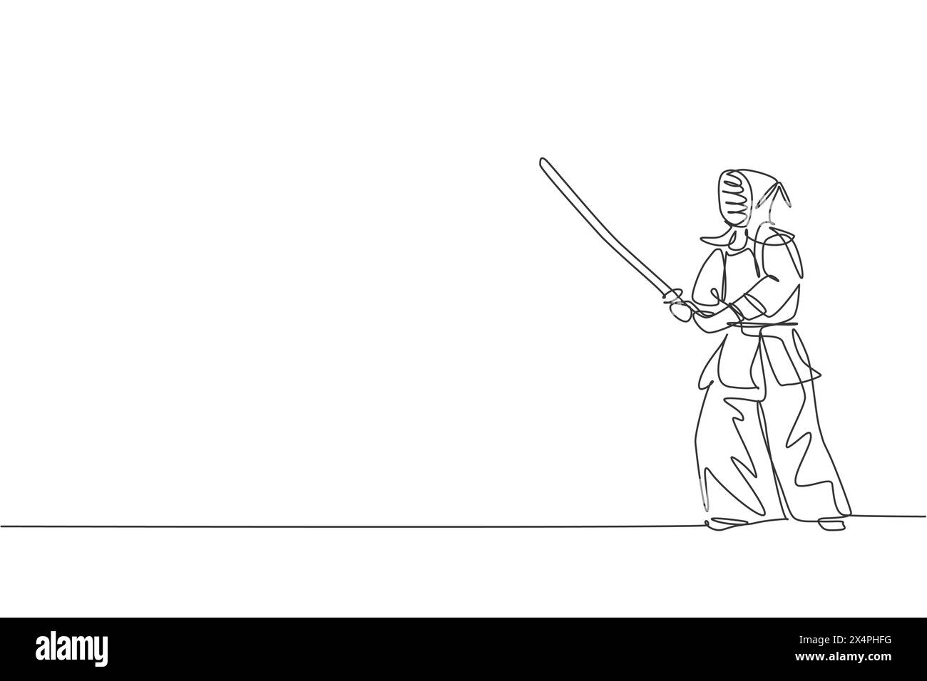 Single continuous line drawing of young sportive man practicing kendo ...