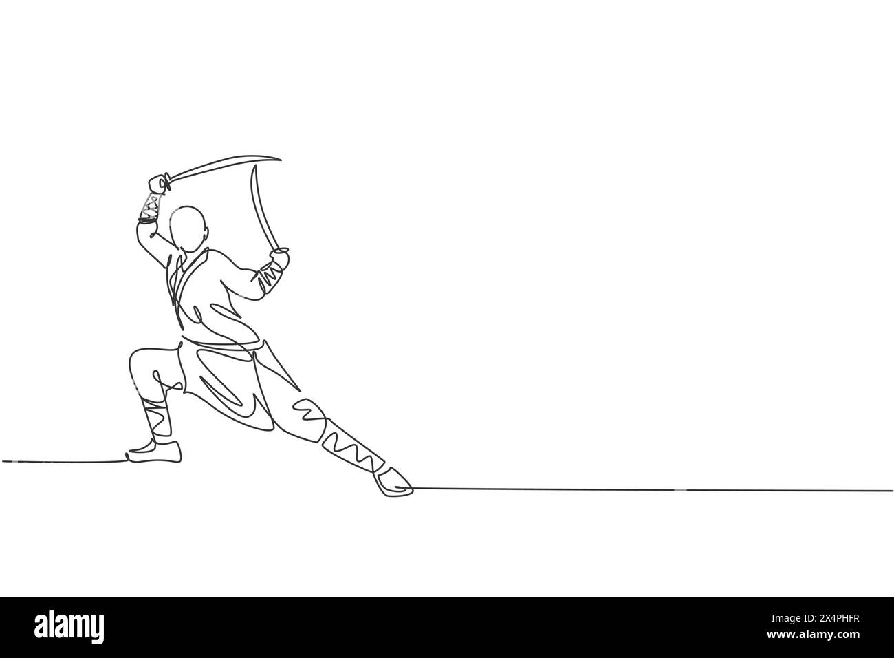 One continuous line drawing of young shaolin monk man practice kung fu ...