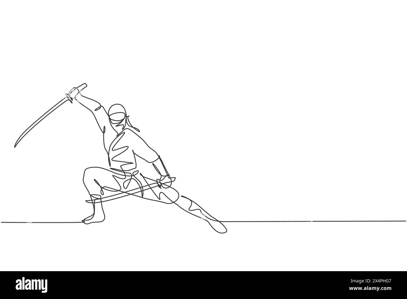 One continuous line drawing of young brave Japanese ninja character on ...