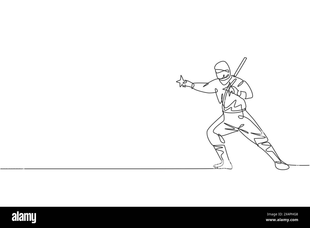 One continuous line drawing of young brave Japanese ninja character on ...