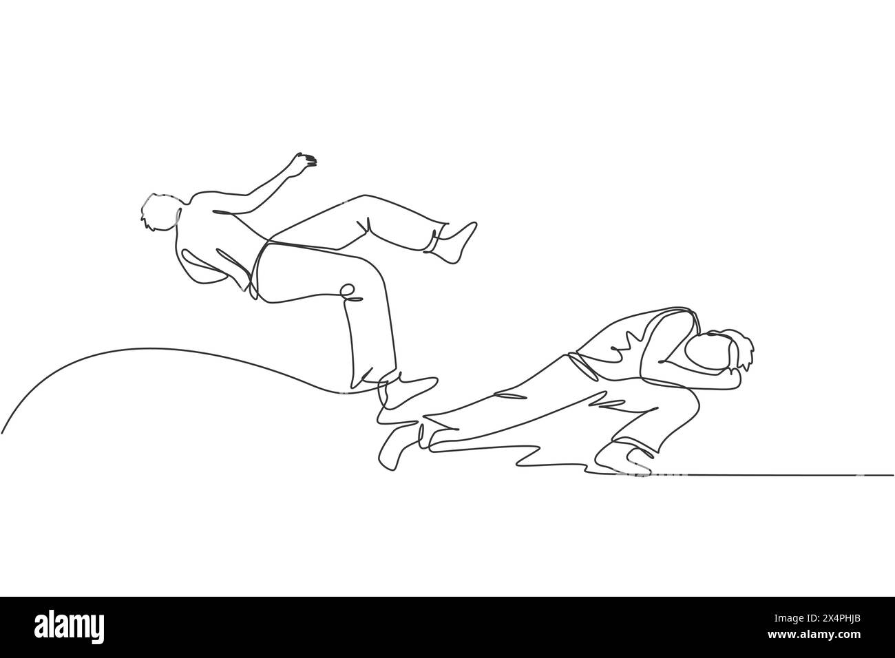 One continuous line drawing of two young sporty Brazilian fighters men ...