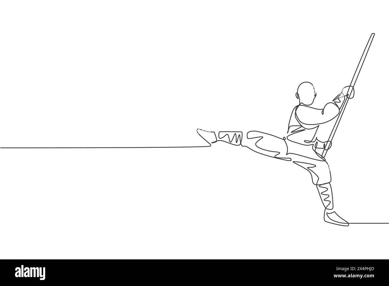 One single line drawing of young energetic shaolin monk man exercise ...
