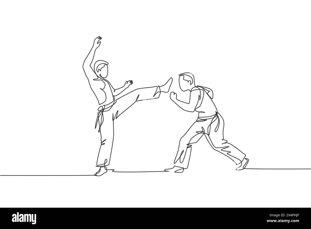 One single line drawing of two young energetic man capoeira dancers ...