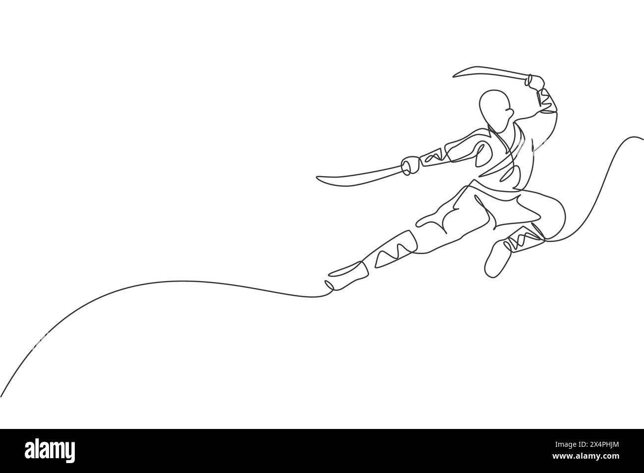 Single continuous line drawing of young muscular shaolin monk man ...