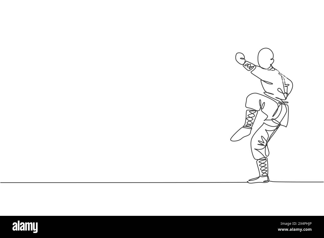 Single continuous line drawing young muscular shaolin monk man train ...