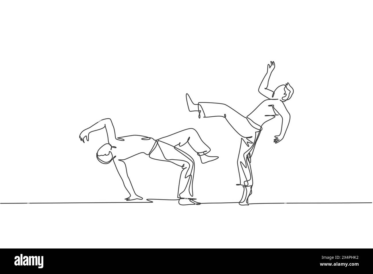 Single continuous line drawing of two young sportive men practice ...