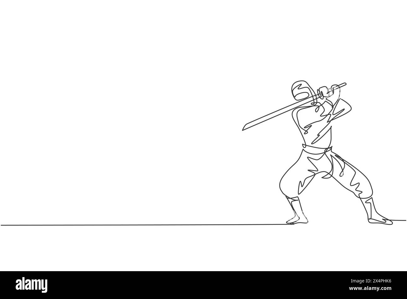 One continuous line drawing of young brave Japanese ninja character on ...