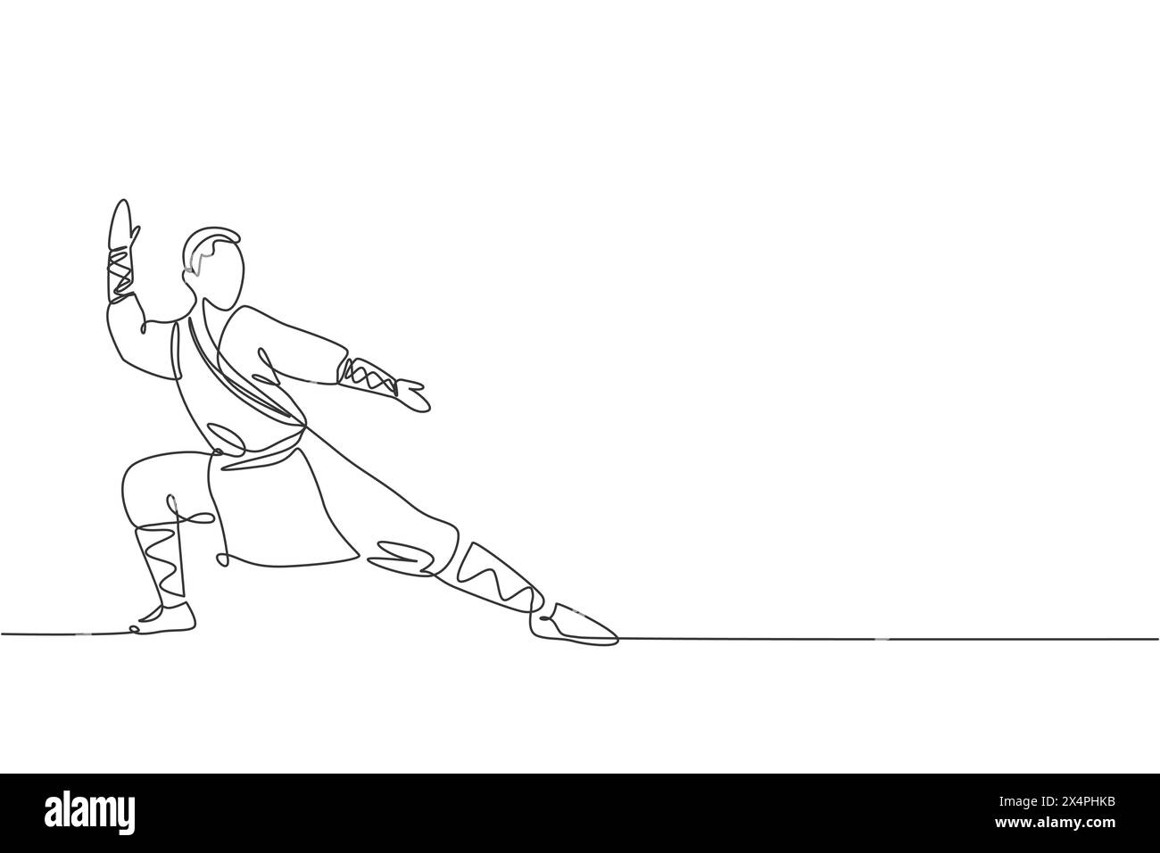 One single line drawing young energetic shaolin monk man exercise kung fu fighting at temple ...