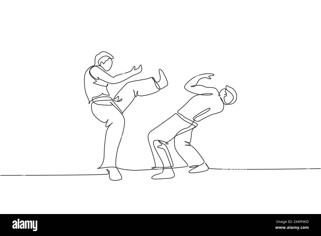One single line drawing of two young energetic man capoeira dancers ...