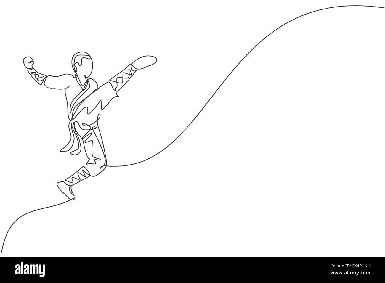 Single continuous line drawing young muscular shaolin monk man train ...