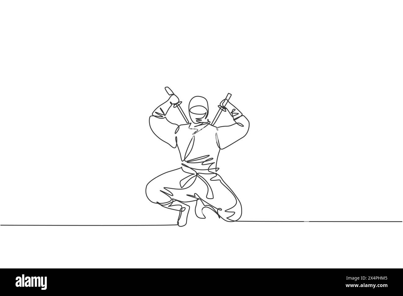 Single continuous line drawing of young Japanese culture ninja warrior ...