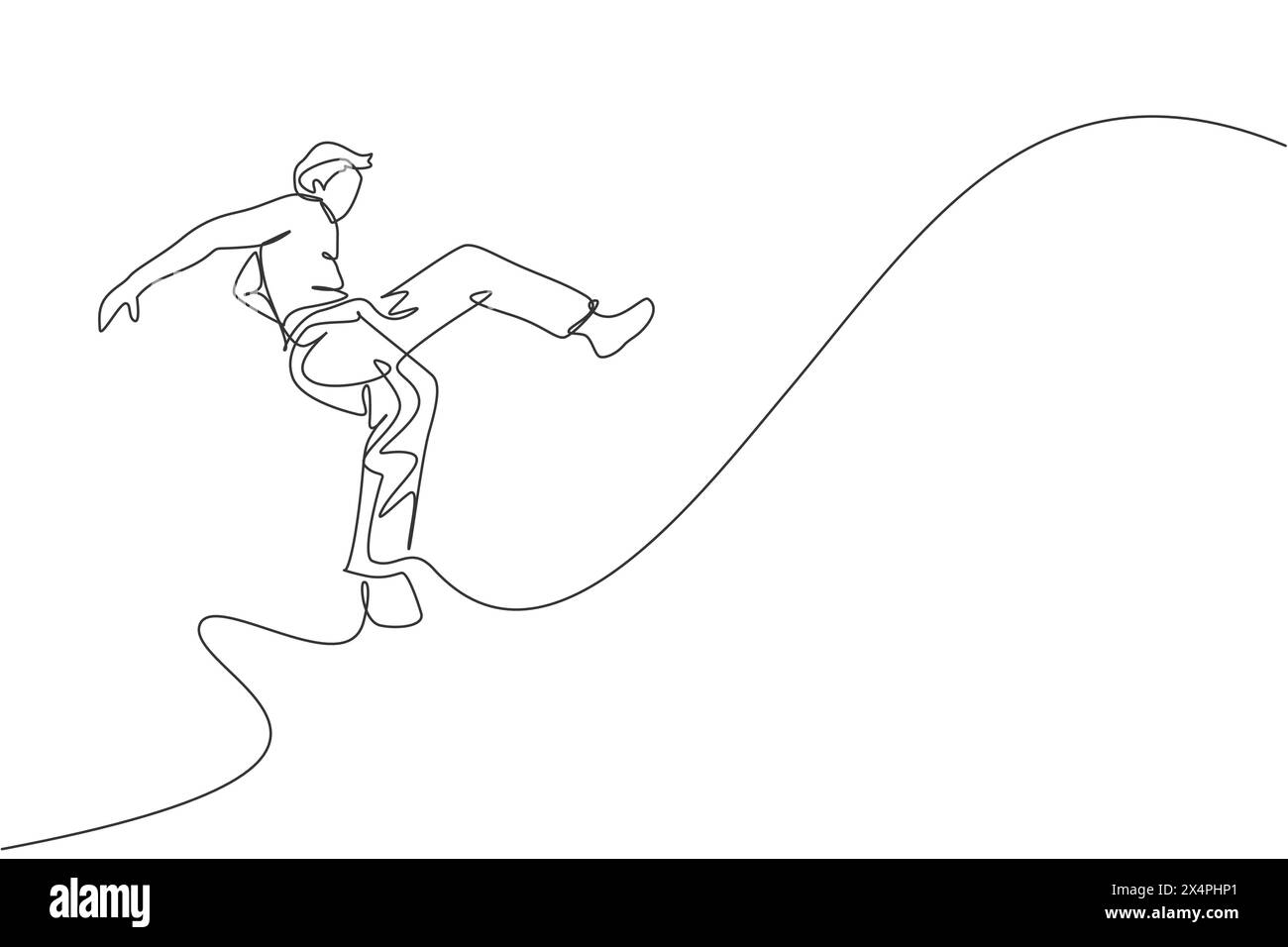 One single line drawing of young energetic man capoeira dancer perform jump dancing fight vector ...