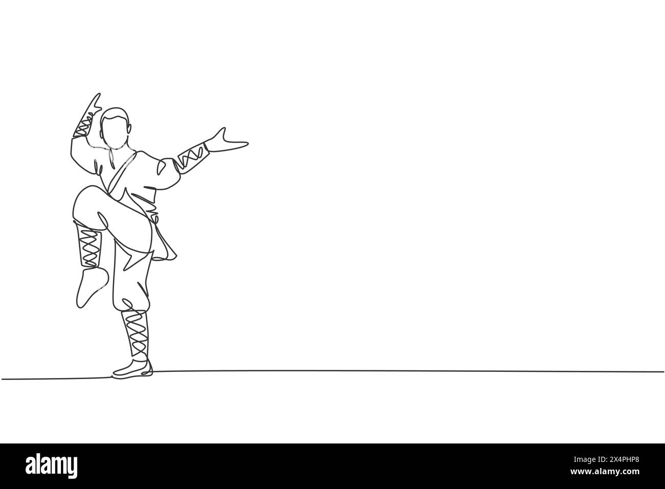 One single line drawing young energetic shaolin monk man exercise kung fu fighting at temple ...