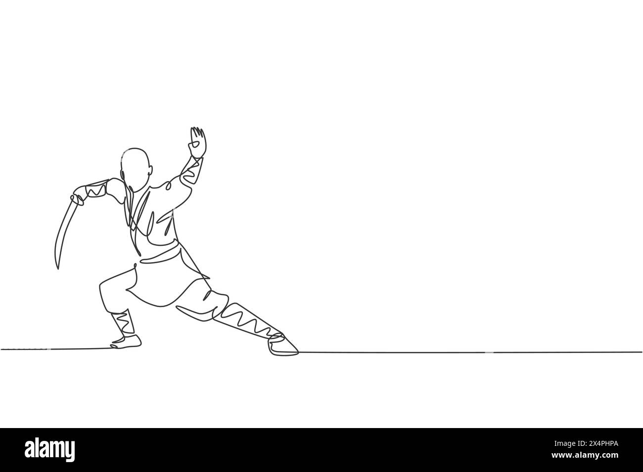 One single line drawing of young energetic shaolin monk man exercise ...