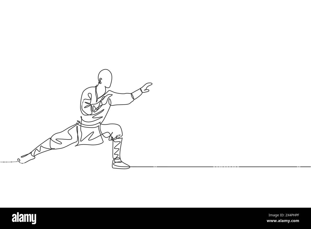 One continuous line drawing of young shaolin monk man practice kung fu ...