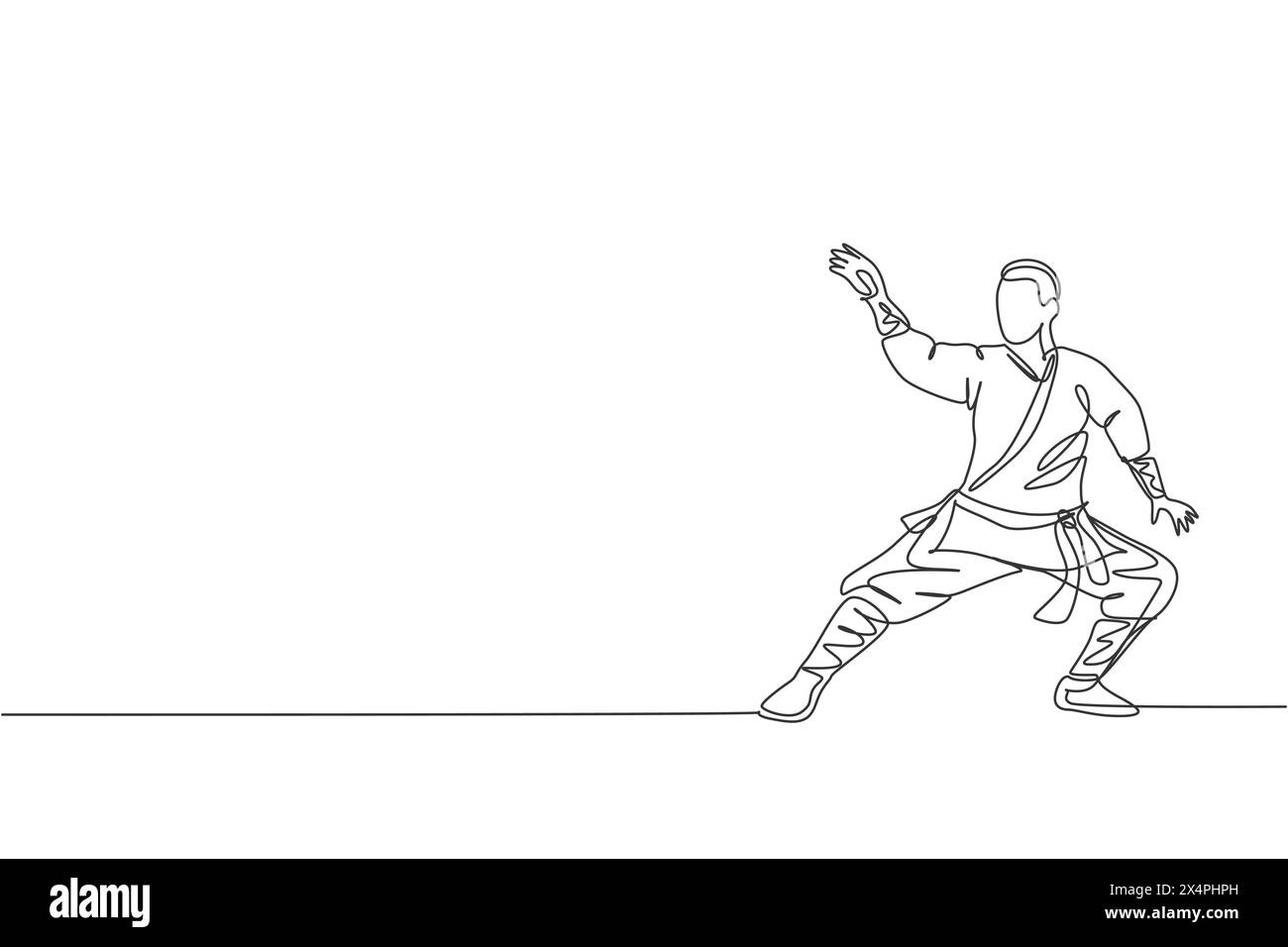 Single continuous line drawing young muscular shaolin monk man train ...