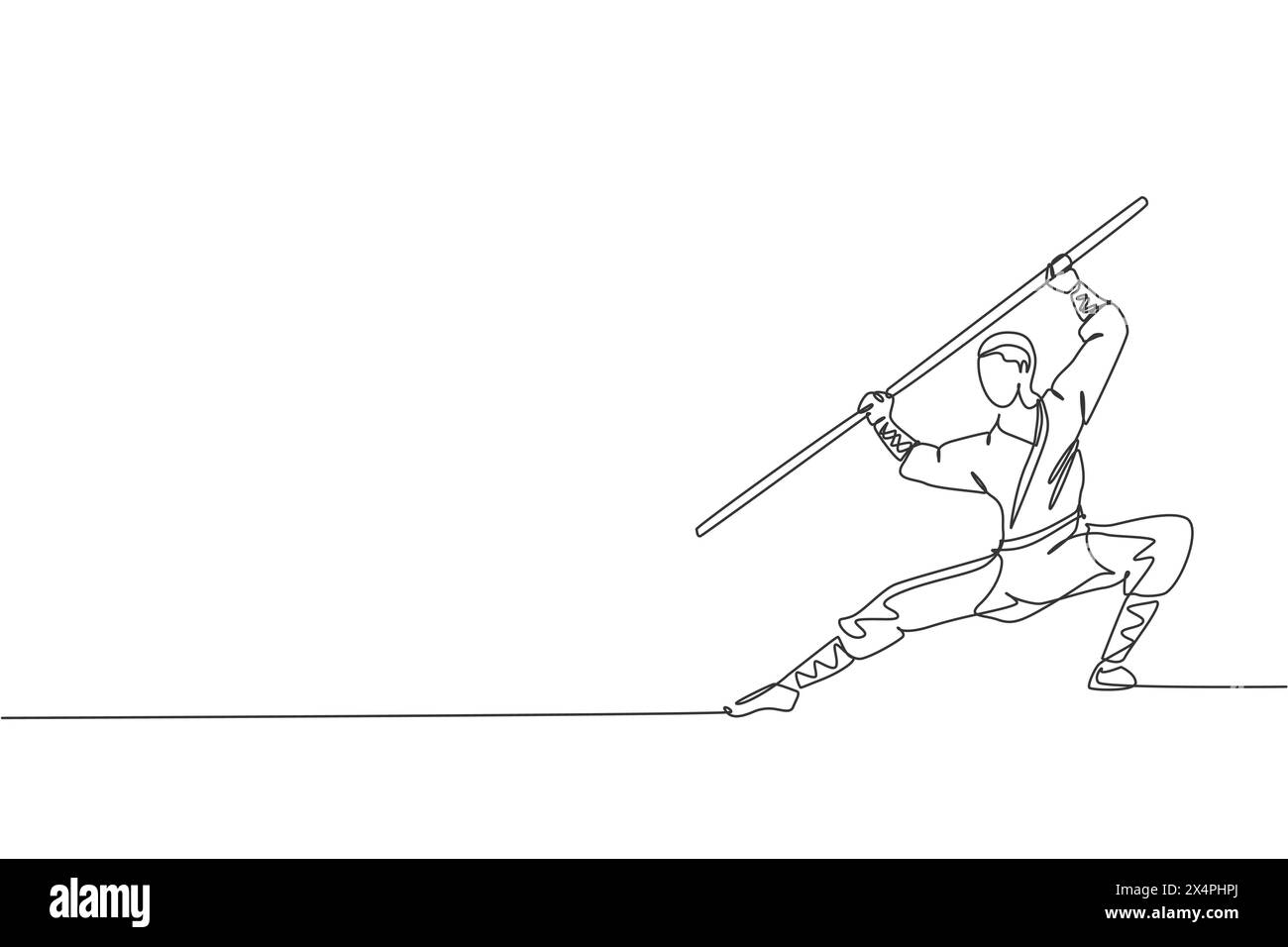 One continuous line drawing young shaolin monk man practice kung fu ...