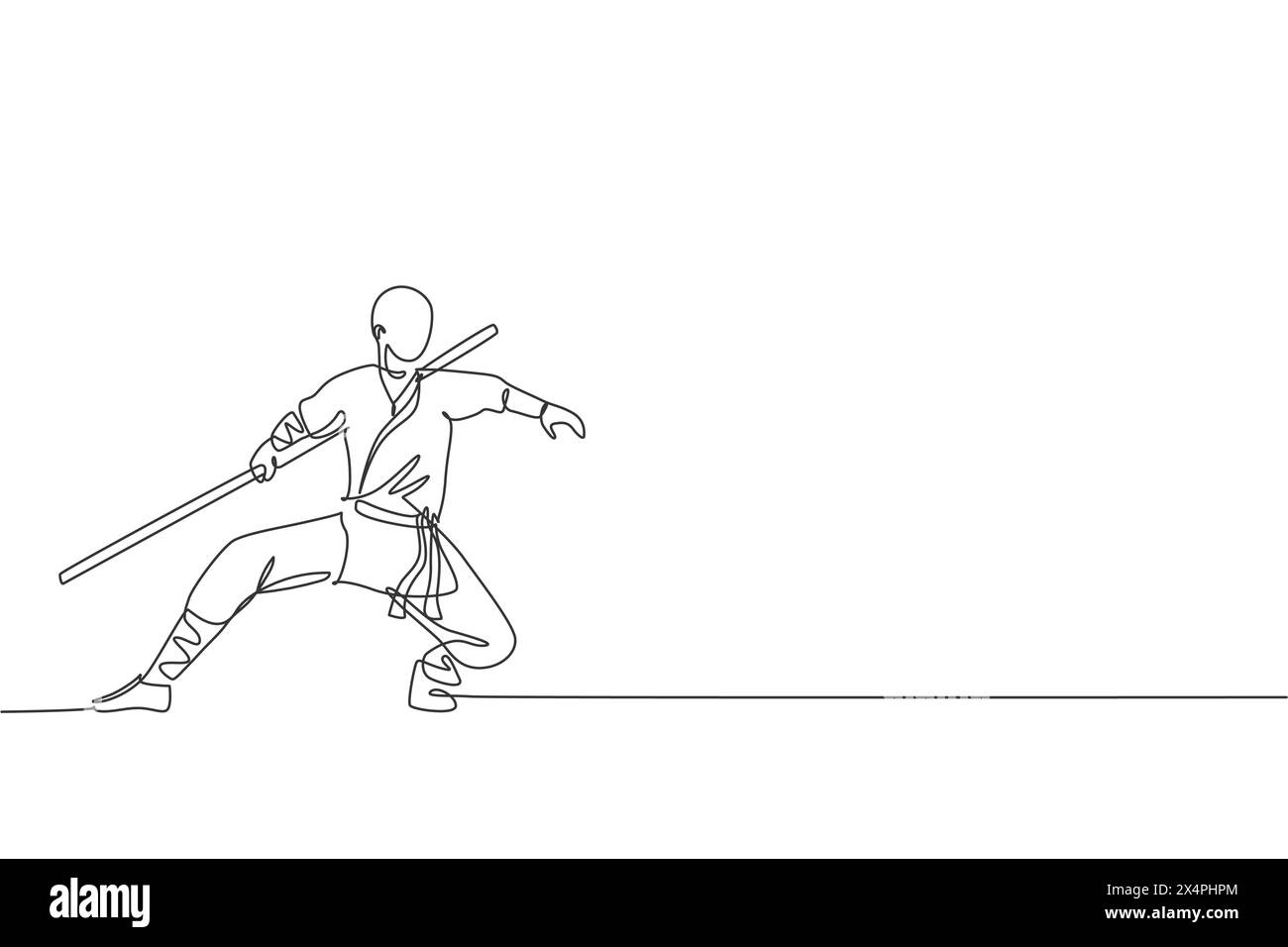 One continuous line drawing of young shaolin monk man practice kung fu ...