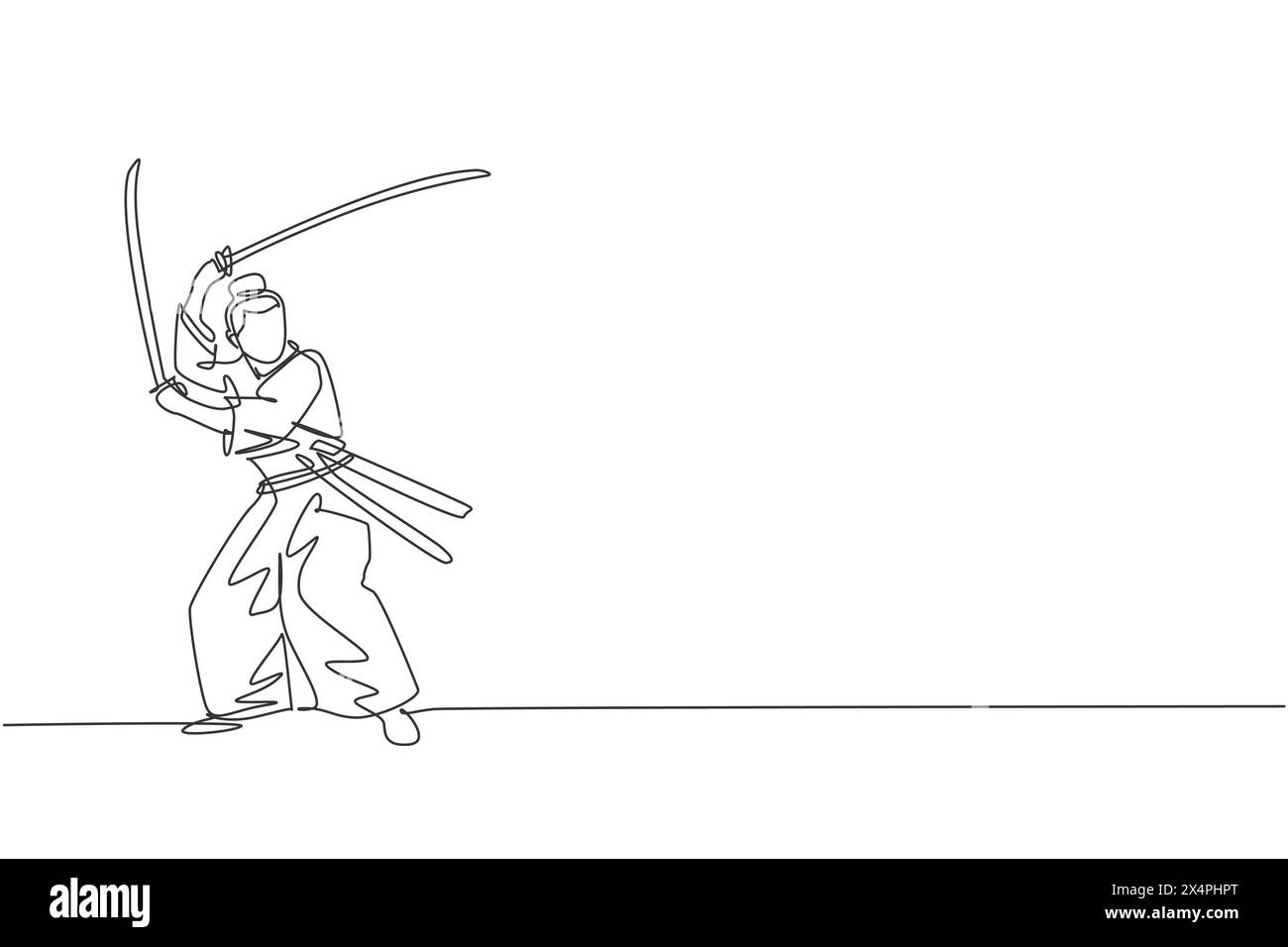 One continuous line drawing of young bravery samurai warrior pose ready ...