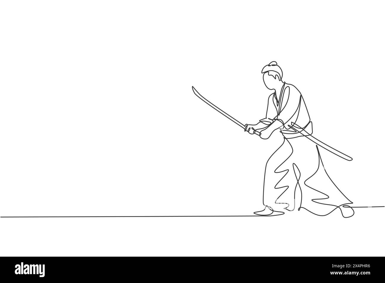 One continuous line drawing of young bravery samurai warrior pose ready ...