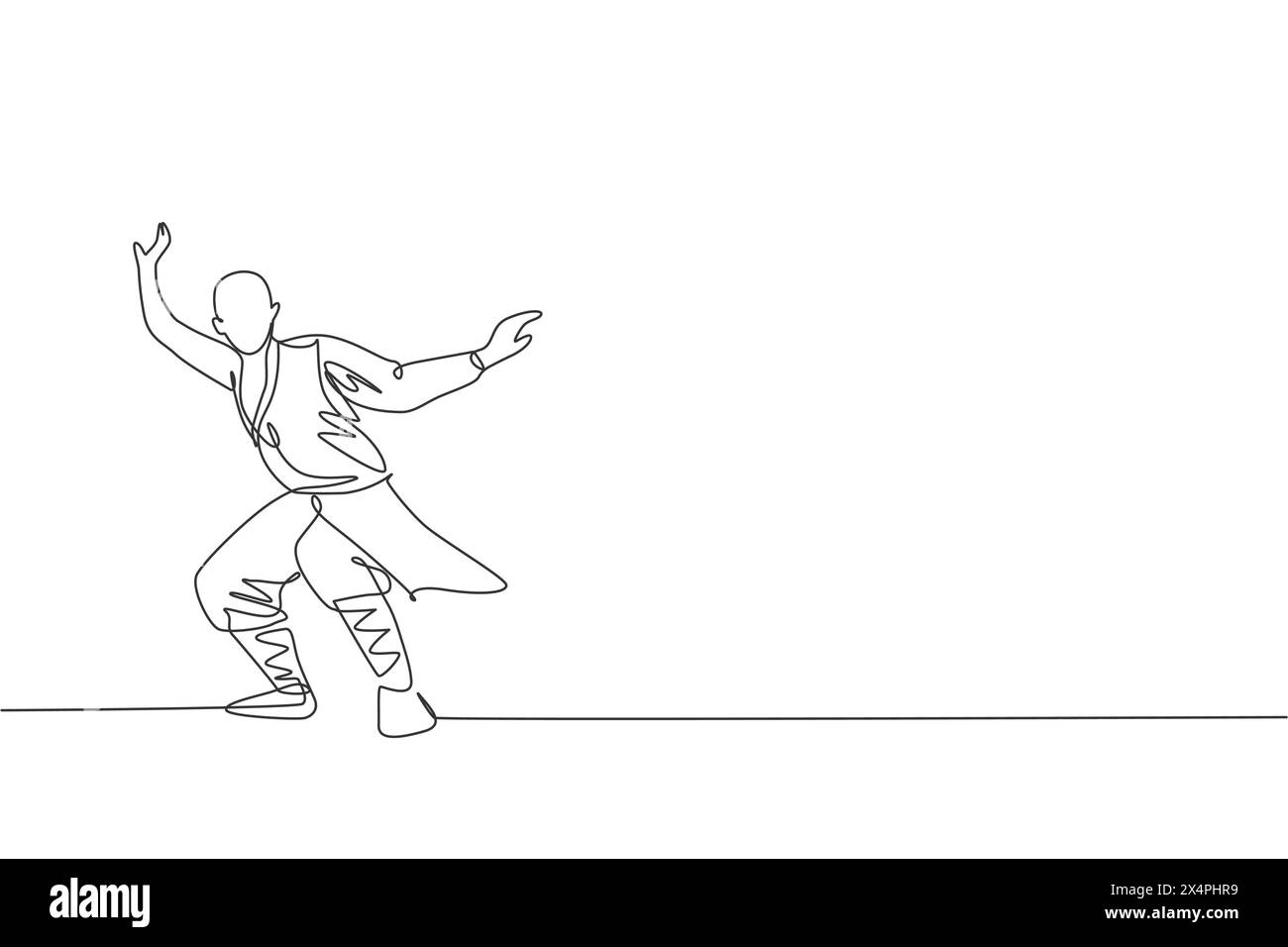 Single continuous line drawing young muscular shaolin monk man train ...
