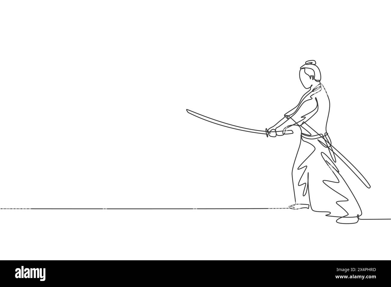 Single continuous line drawing of young strong samurai warrior wearing ...