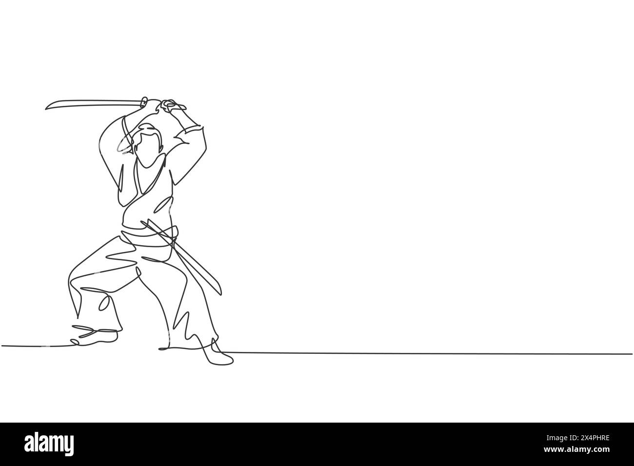 Single continuous line drawing of young strong samurai warrior wearing ...