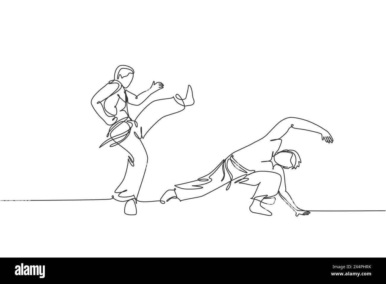 Single continuous line drawing of two young sportive men practice ...