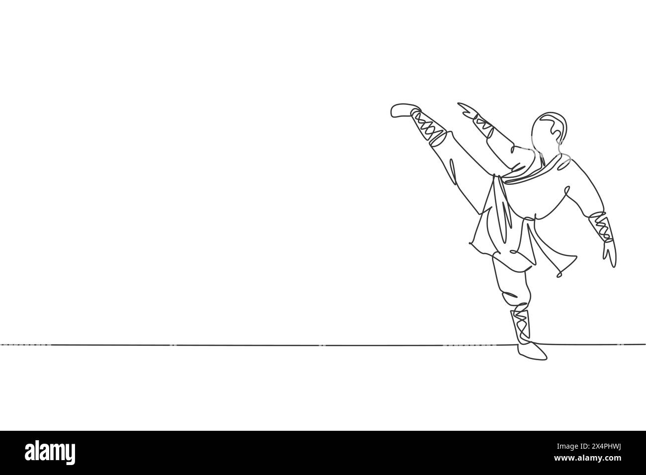One single line drawing young energetic shaolin monk man exercise kung ...