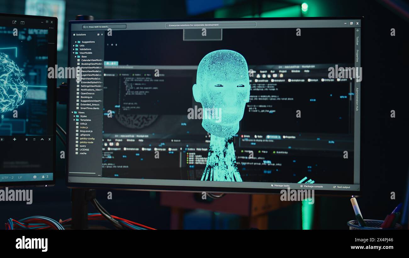 Computer scientist researching brain machine transferring, conducting ...