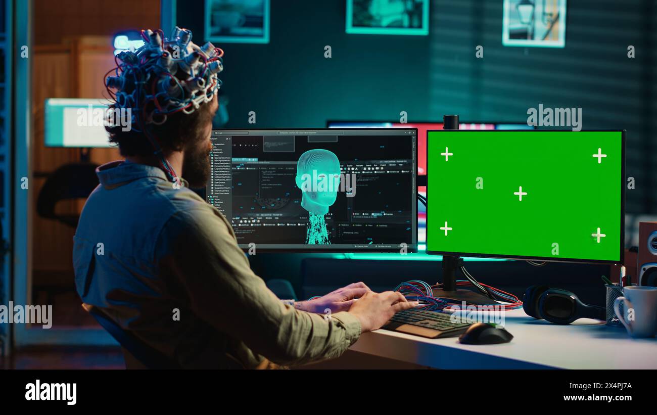 Developer Using Eeg Headset Starting Mind Upload Process Using