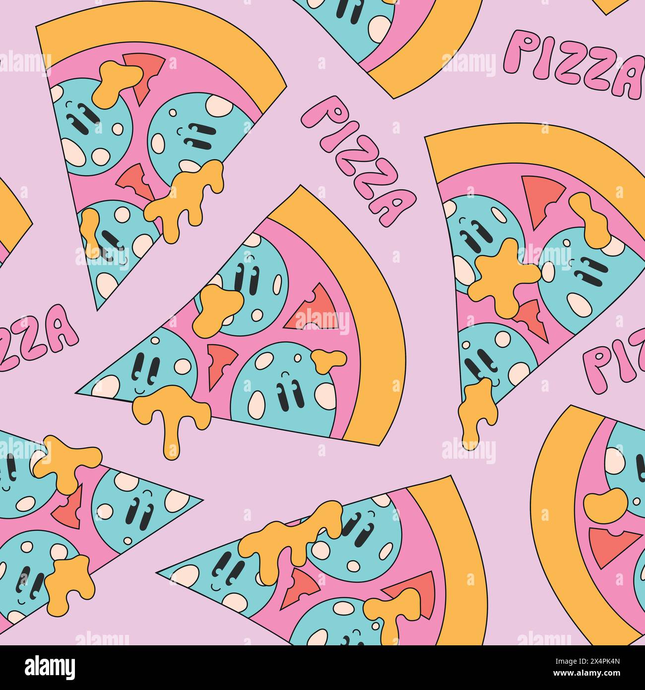 Cute groovy pizza slices seamless pattern. Pepperoni cheese pizza ...