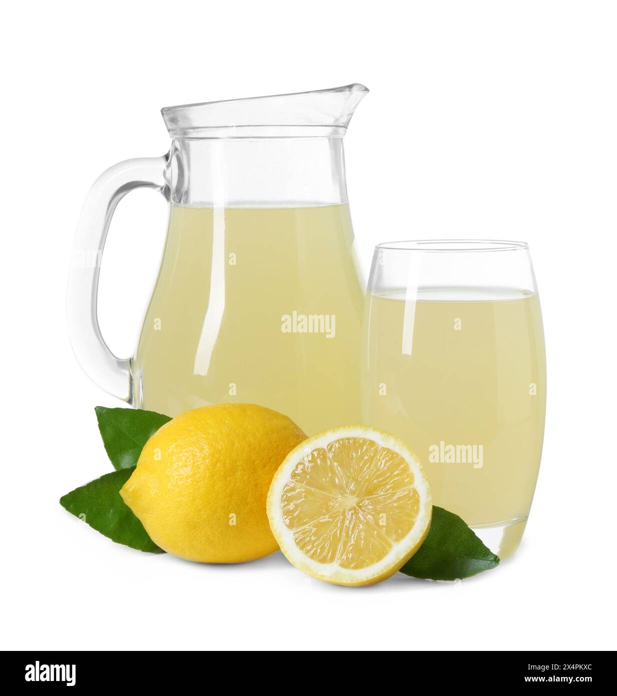 Refreshing lemon juice, leaves and fruits isolated on white Stock Photo ...