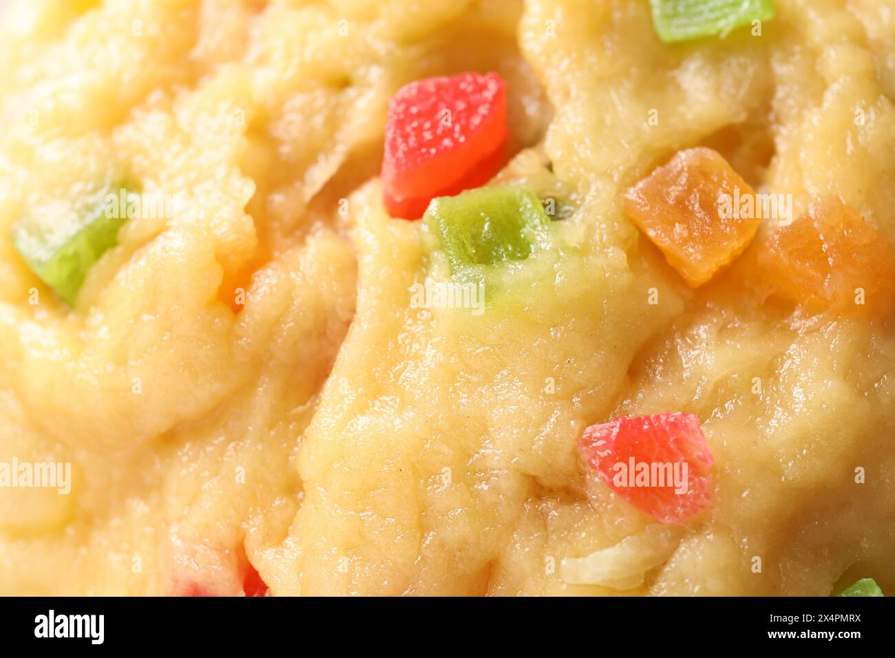 Texture of raw dough with candied fruits as background, closeup Stock ...