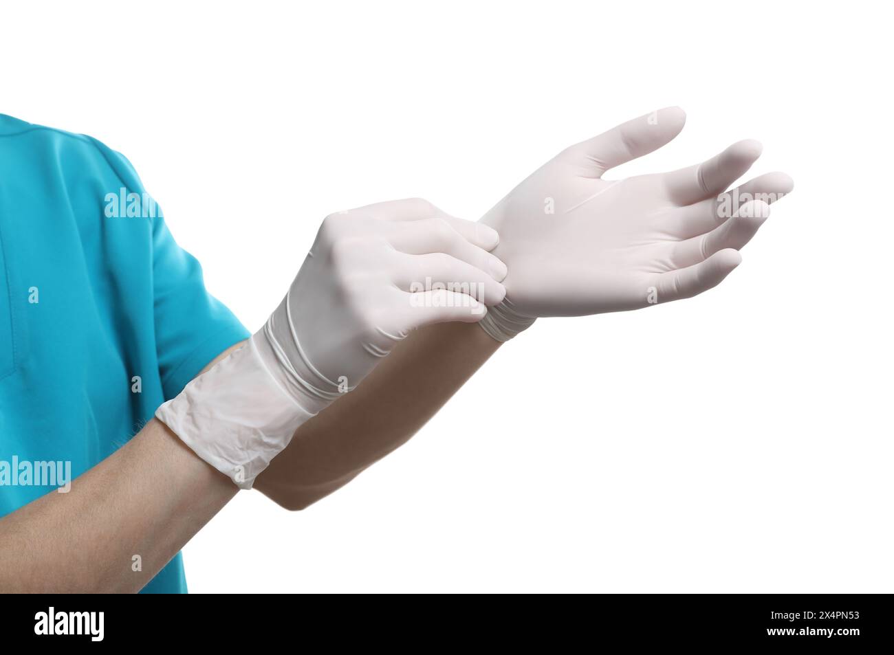 Doctor wearing medical gloves on white background, closeup Stock Photo ...